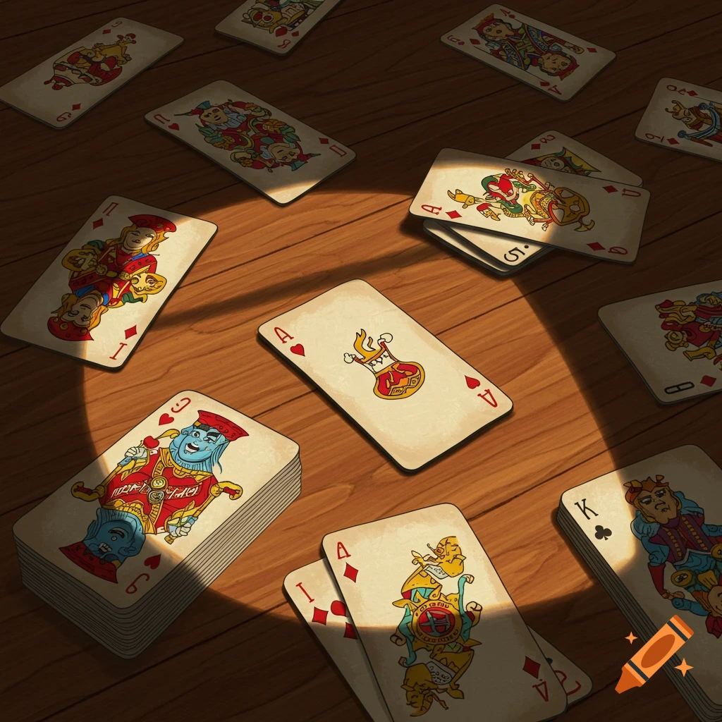 Various illustrated playing cards scattered and stacked on a wooden ...