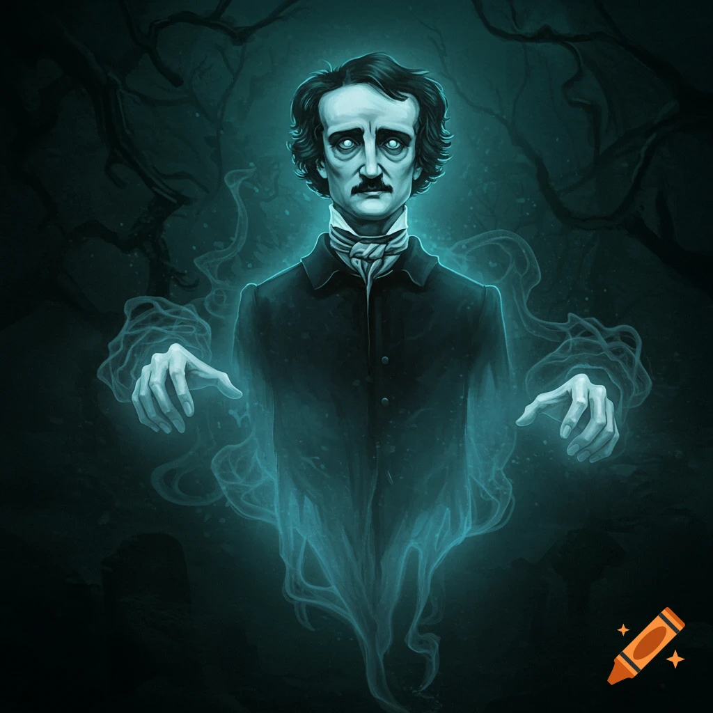 Ghostly Edgar Allan Poe figure with glowing eyes in a dark graveyard ...