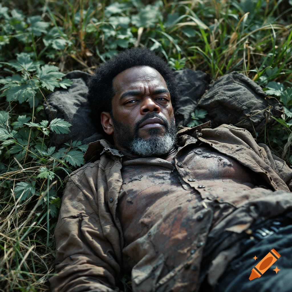 Samuel L. Jackson in worn clothes laying in grass on Craiyon