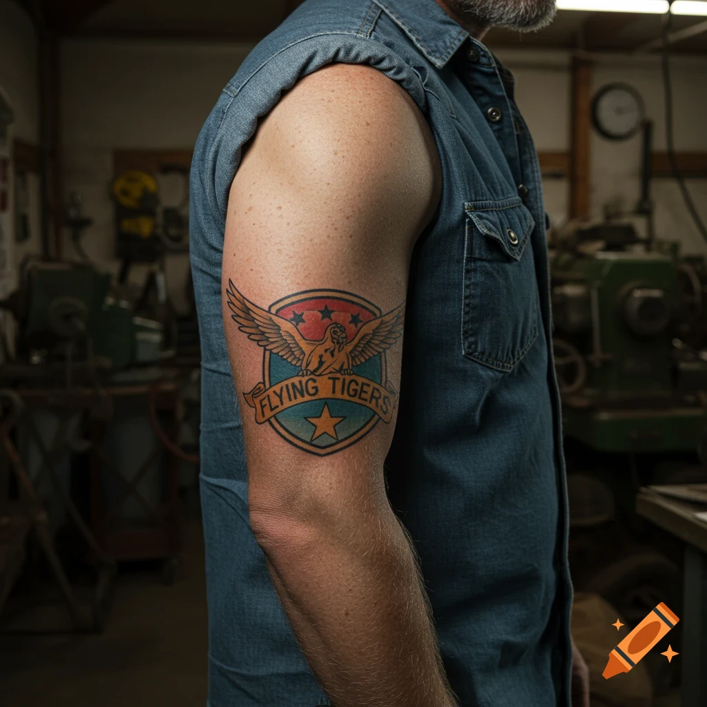 A realistic photo of a man showing a colorful Flying Tigers tattoo on ...