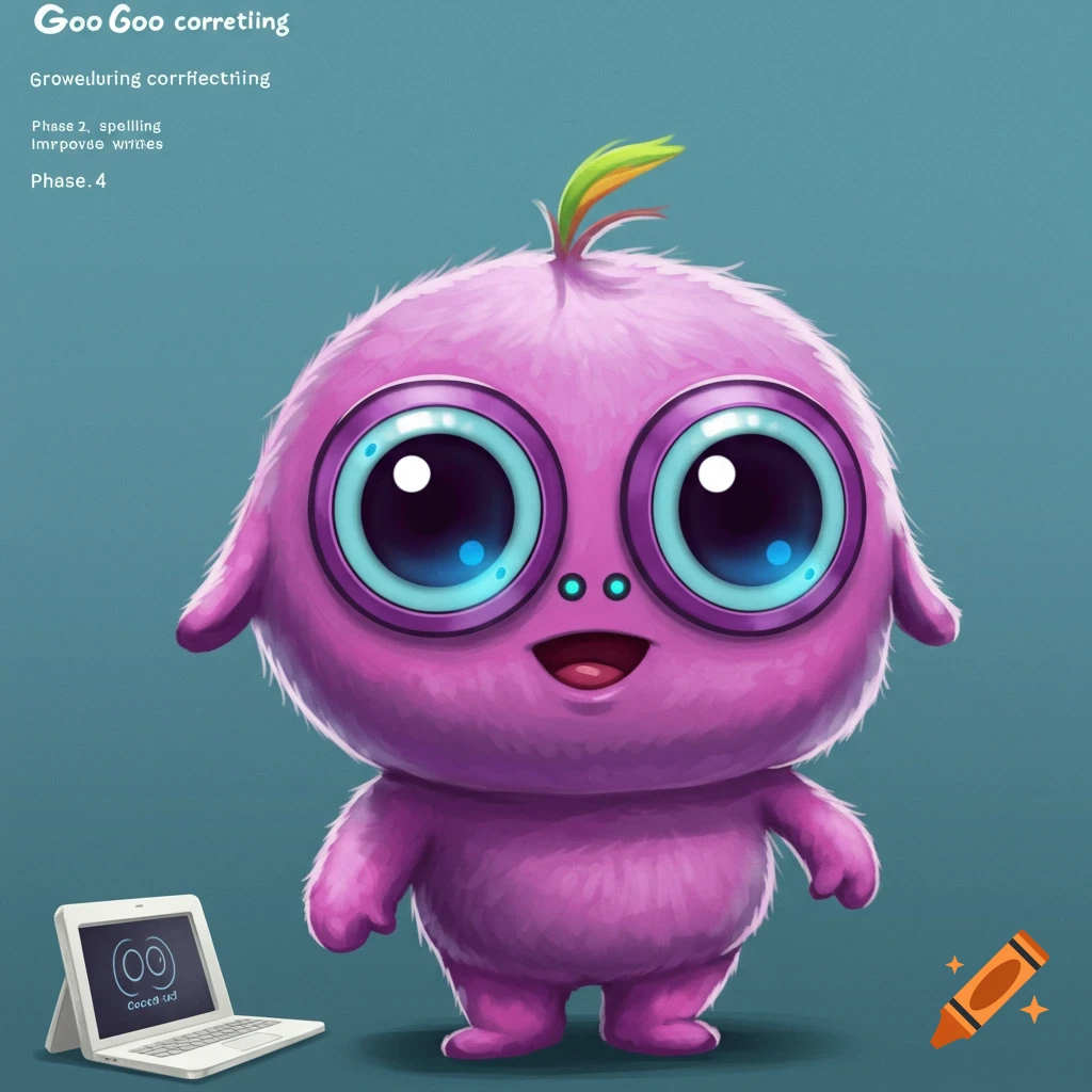 Cute purple fuzzy creature with big blue eyes stands beside a laptop ...