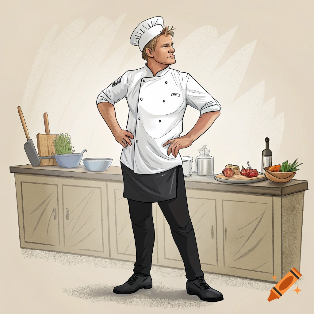 Cartoon illustration of a chef holding a knife in a kitchen. on Craiyon