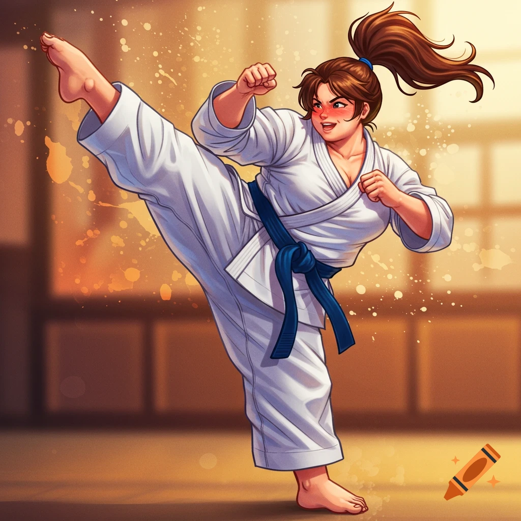 Woman in karate Gi performing a high kick with blue belt and ponytail ...