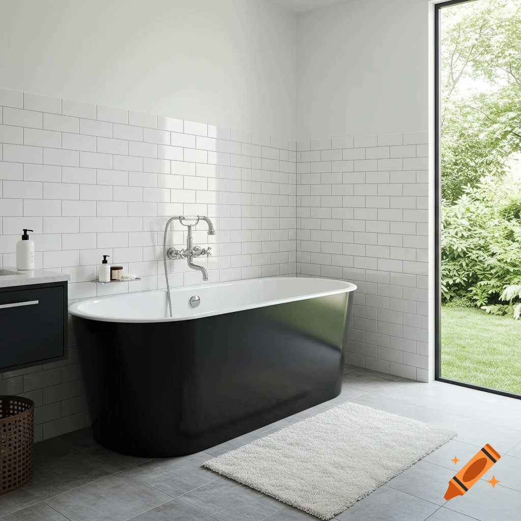 A modern bathroom with a black freestanding bathtub, white subway tiles, and a large window ...