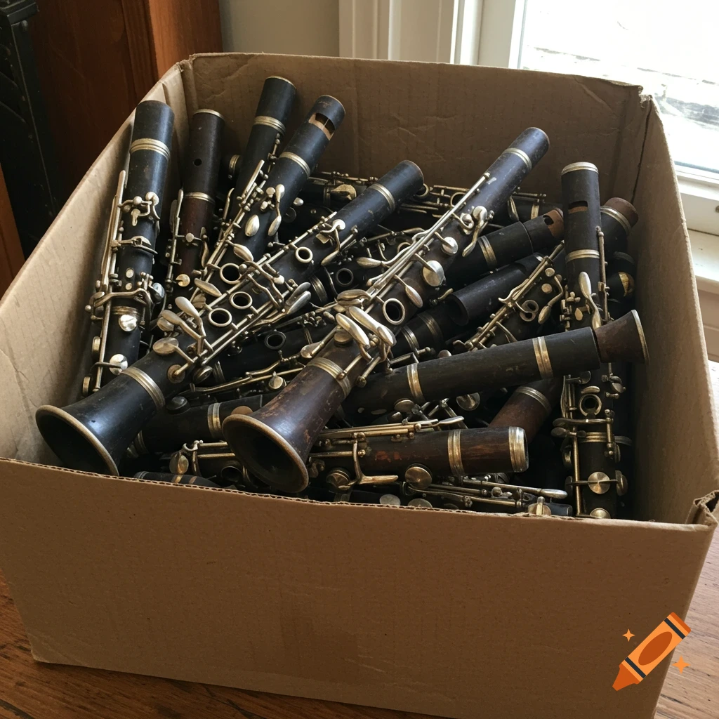 Cardboard box filled with salvaged, colorful old clarinets on Craiyon