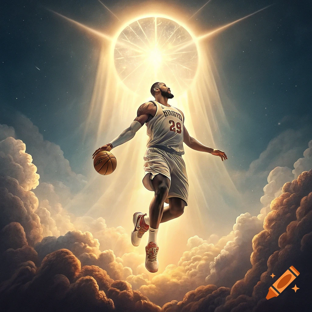 LeBron James descending with holy light and aura on Craiyon