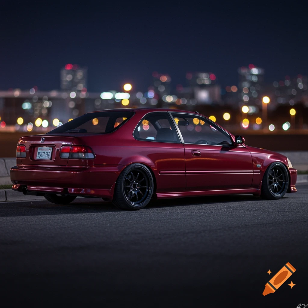 Wine red 2000 Honda Civic EX with black RPF1 rims on Craiyon