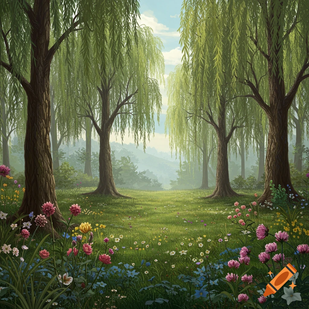 Dense forest with weeping willow trees and florals on Craiyon