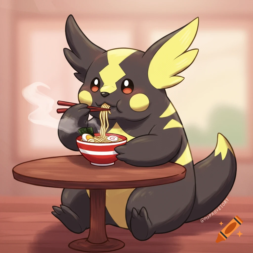 Cartoon illustration of Pokemon Morpeko eating ramen at a table. on Craiyon