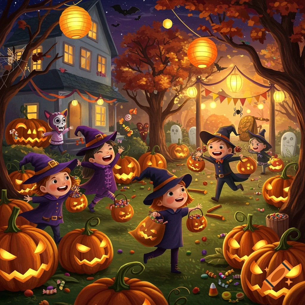 Colorful Halloween party scene with kids, pumpkins and decorations on ...