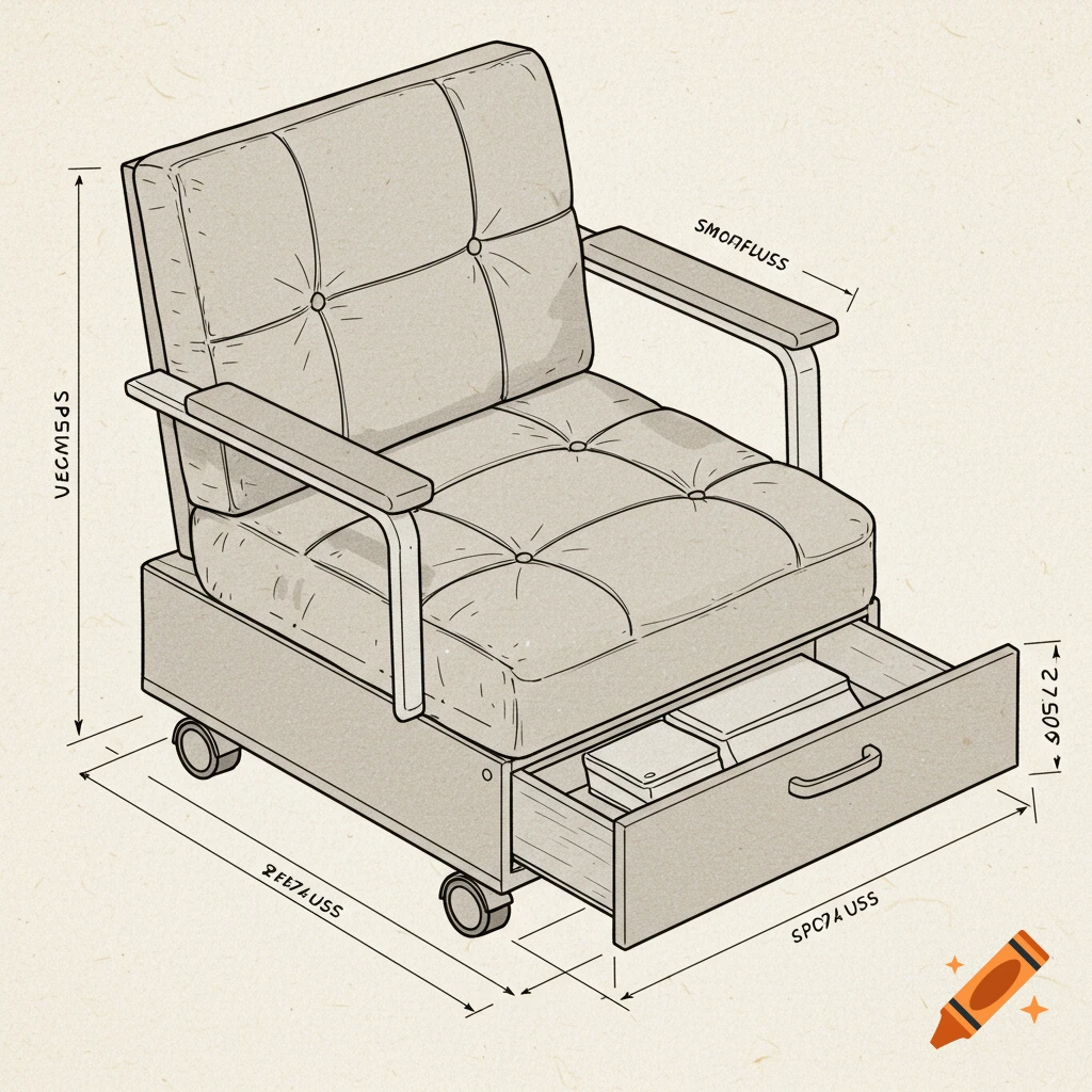 Orthogonal drawing of a square chair with cushions, rolling wheels ...