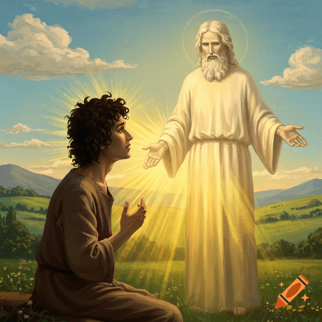 A kneeling figure looks up at a glowing divine figure with outstretched ...