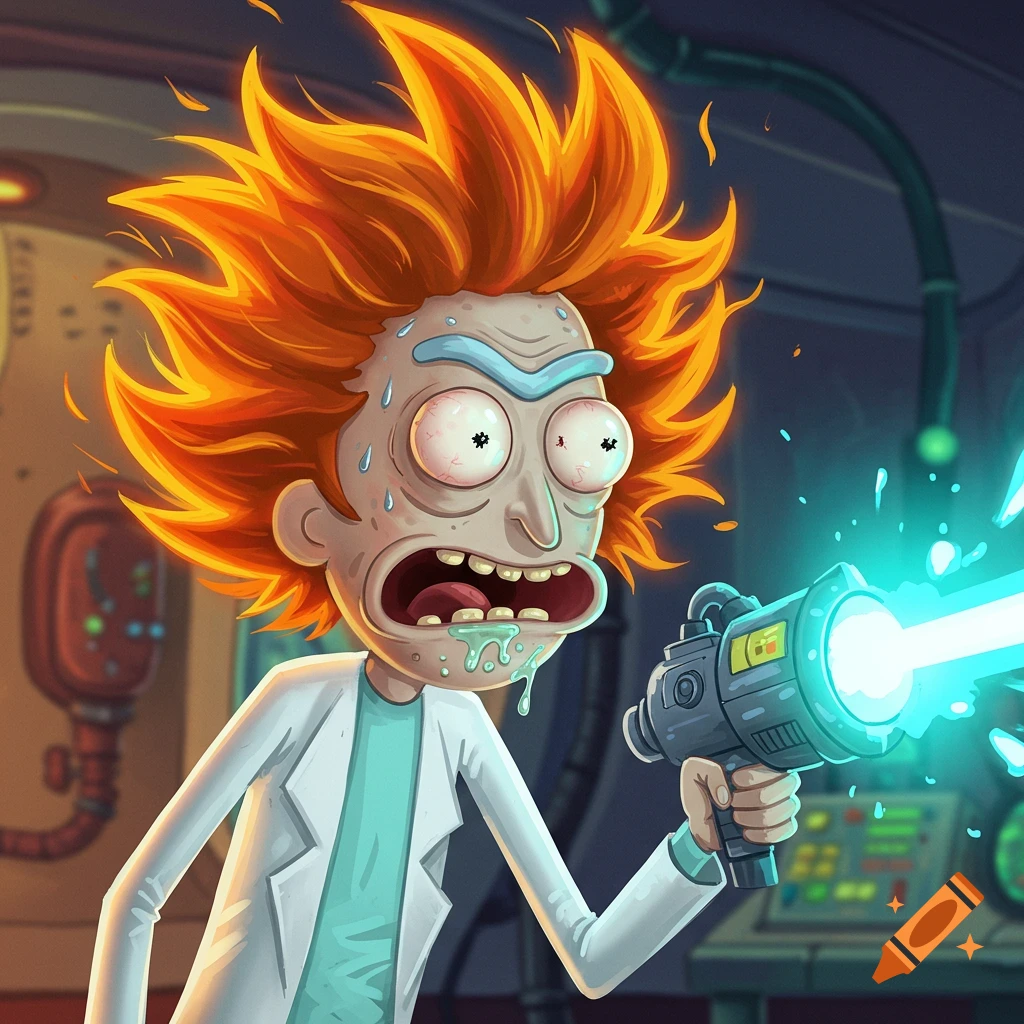 Rick Sanchez cartoon character with fiery hair holding laser on Craiyon