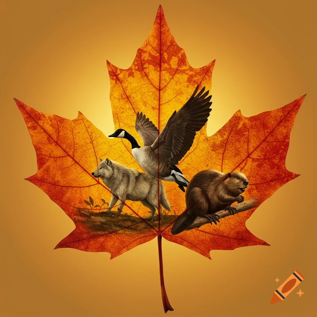A large orange maple leaf overlaid with a goose, a wolf, and a beaver ...