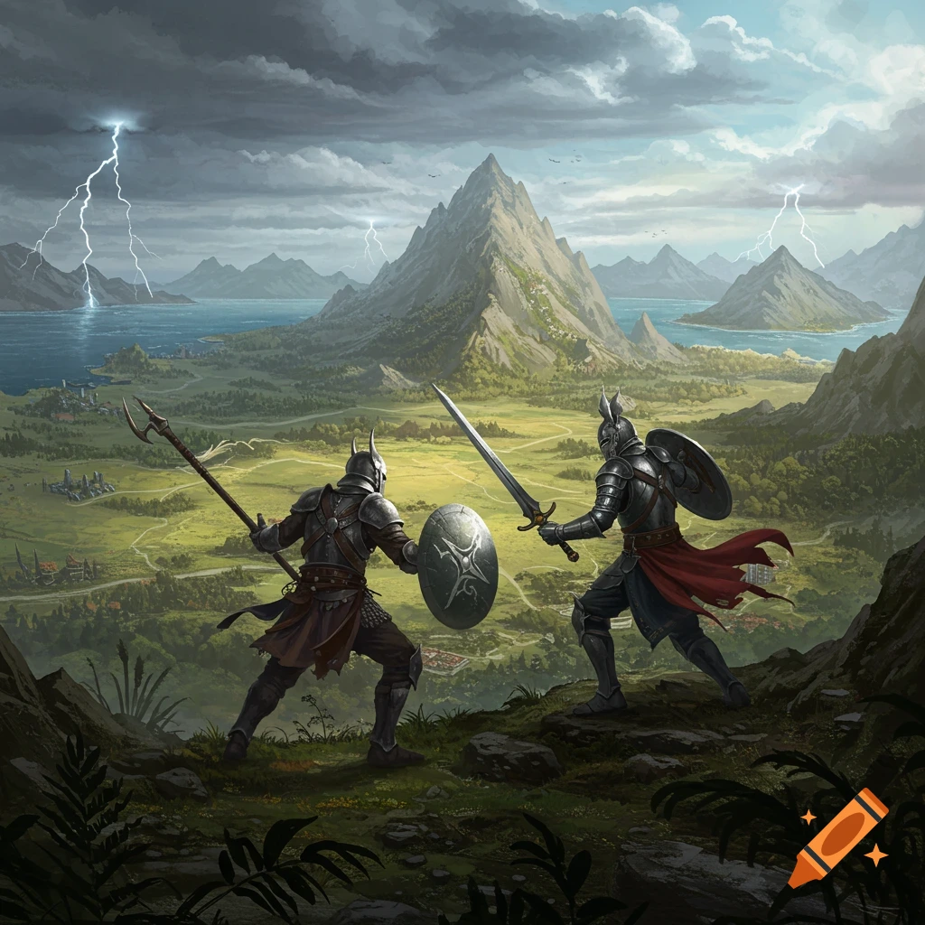 Epic battle scene on a diverse island landscape with stormy sky and ...