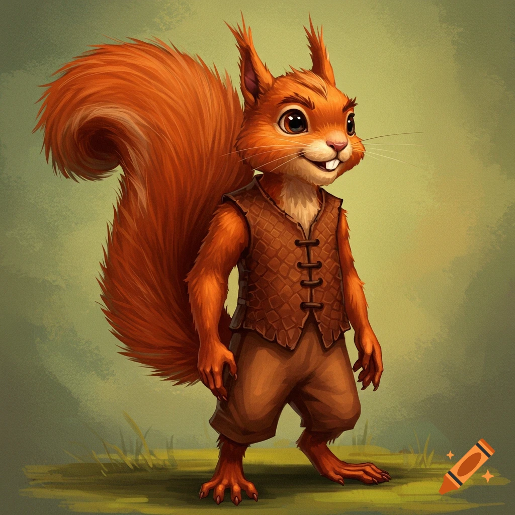 An illustration of a humanoid squirrel wearing a brown vest and shorts ...