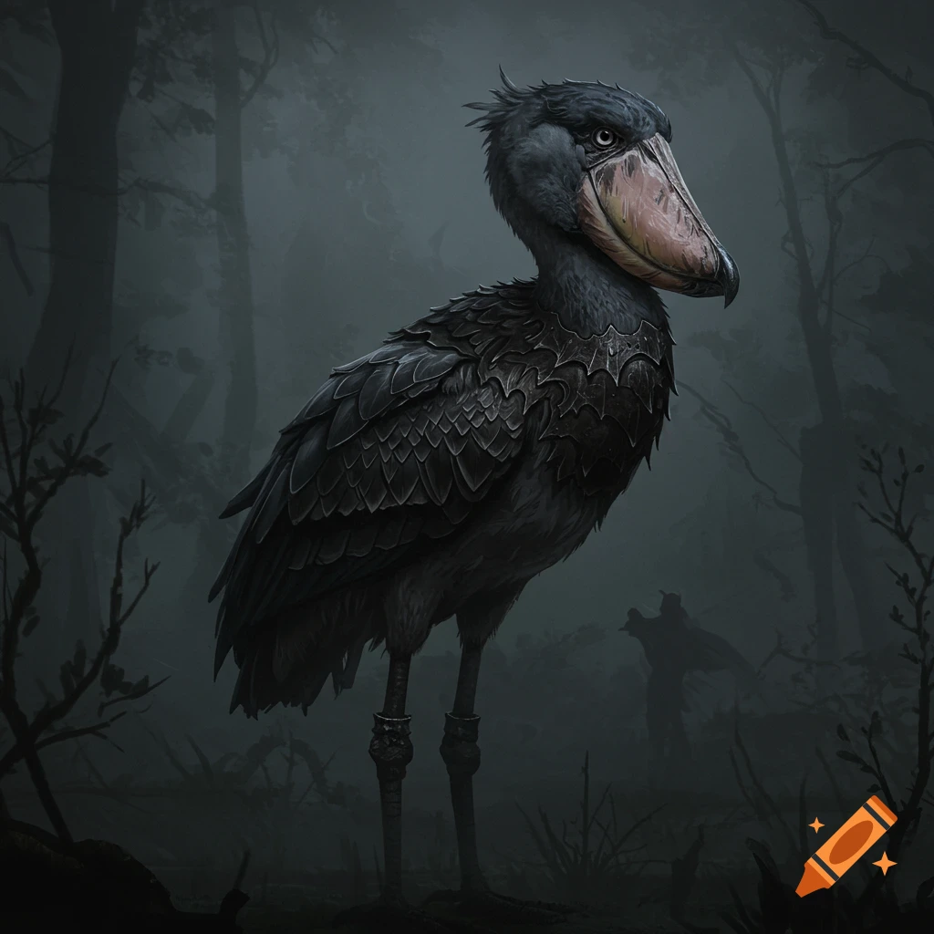 Armored shoebill stork in foggy forest on Craiyon