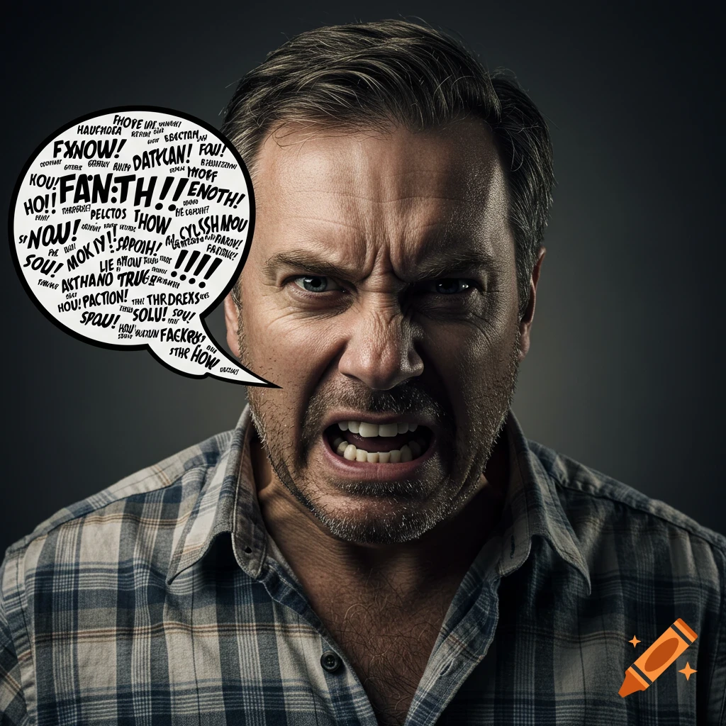 Angry man with speech bubble expressing frustration on Craiyon