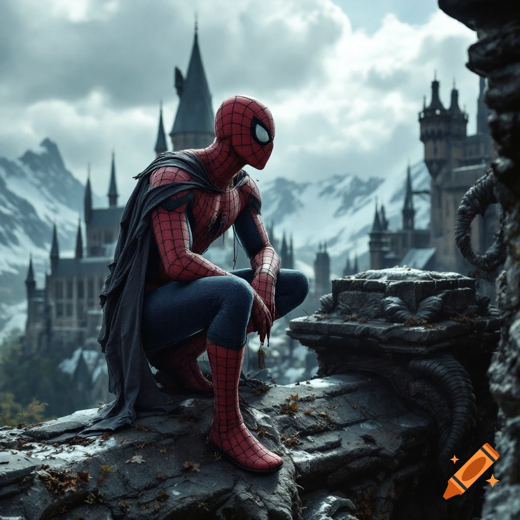 Spider-Man in a cape crouches on a stone overlooking a large fantasy ...