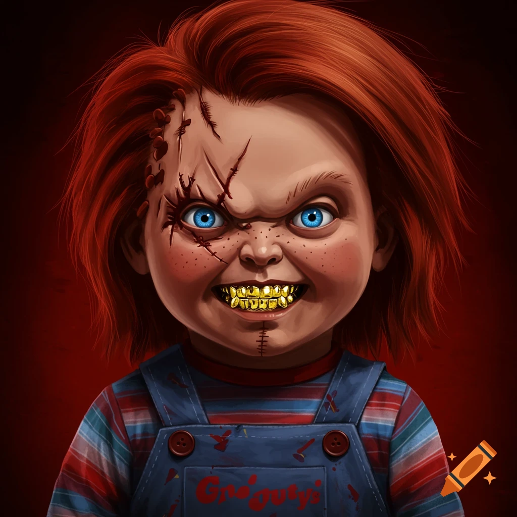Digital illustration of the Chucky doll with red hair, blue eyes, scars ...