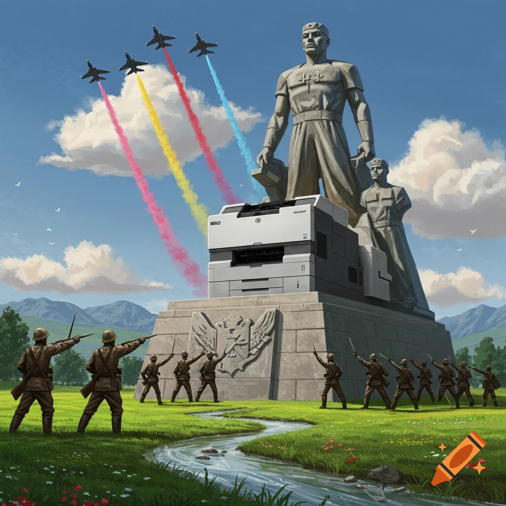 Illustrative painting of soldiers saluting a large statue with a ...
