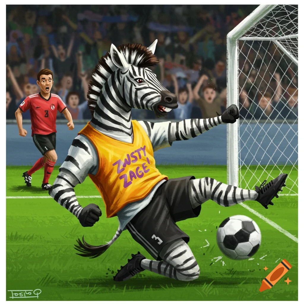Zebra scores a goal in soccer on Craiyon