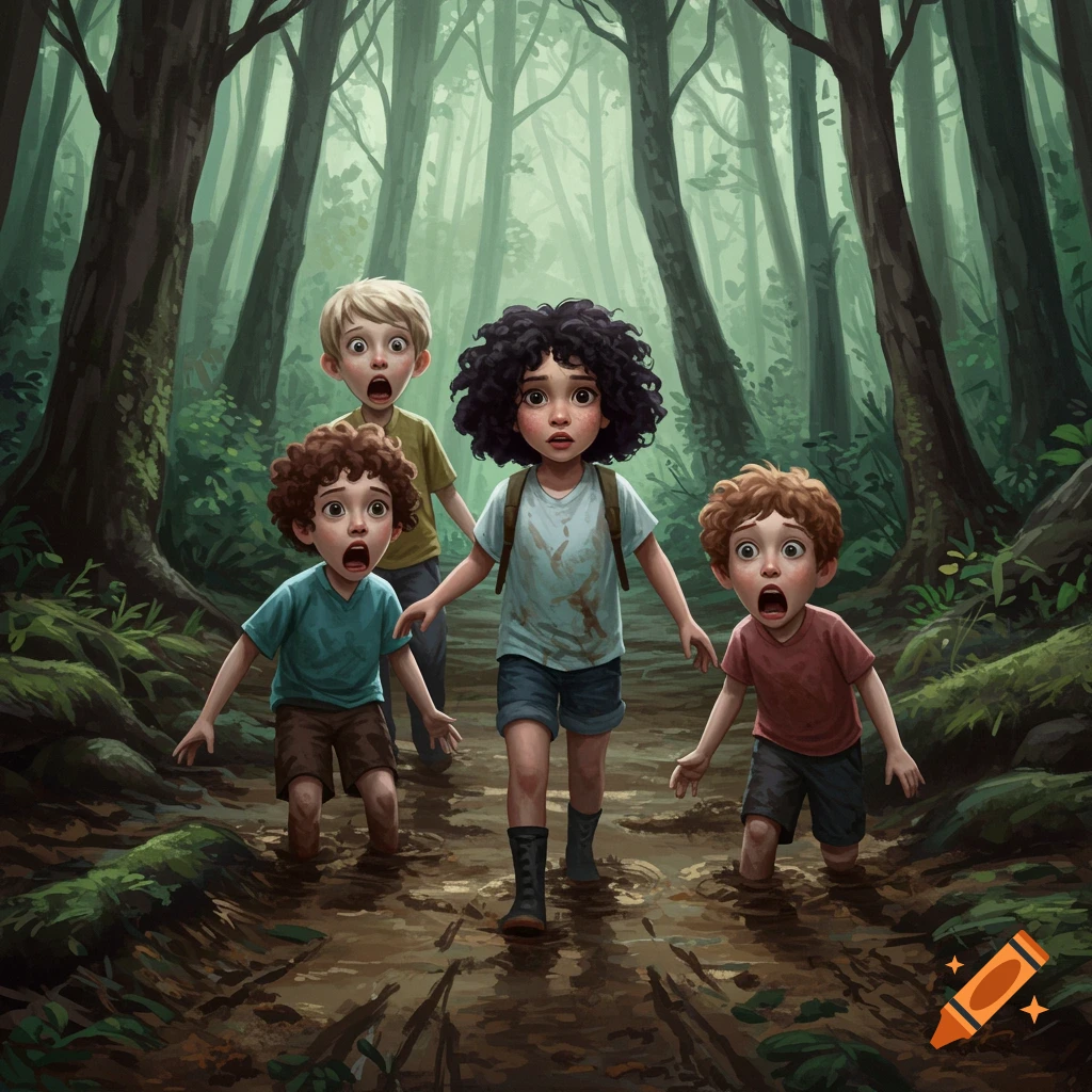 Four children with shocked faces on a muddy forest path. on Craiyon