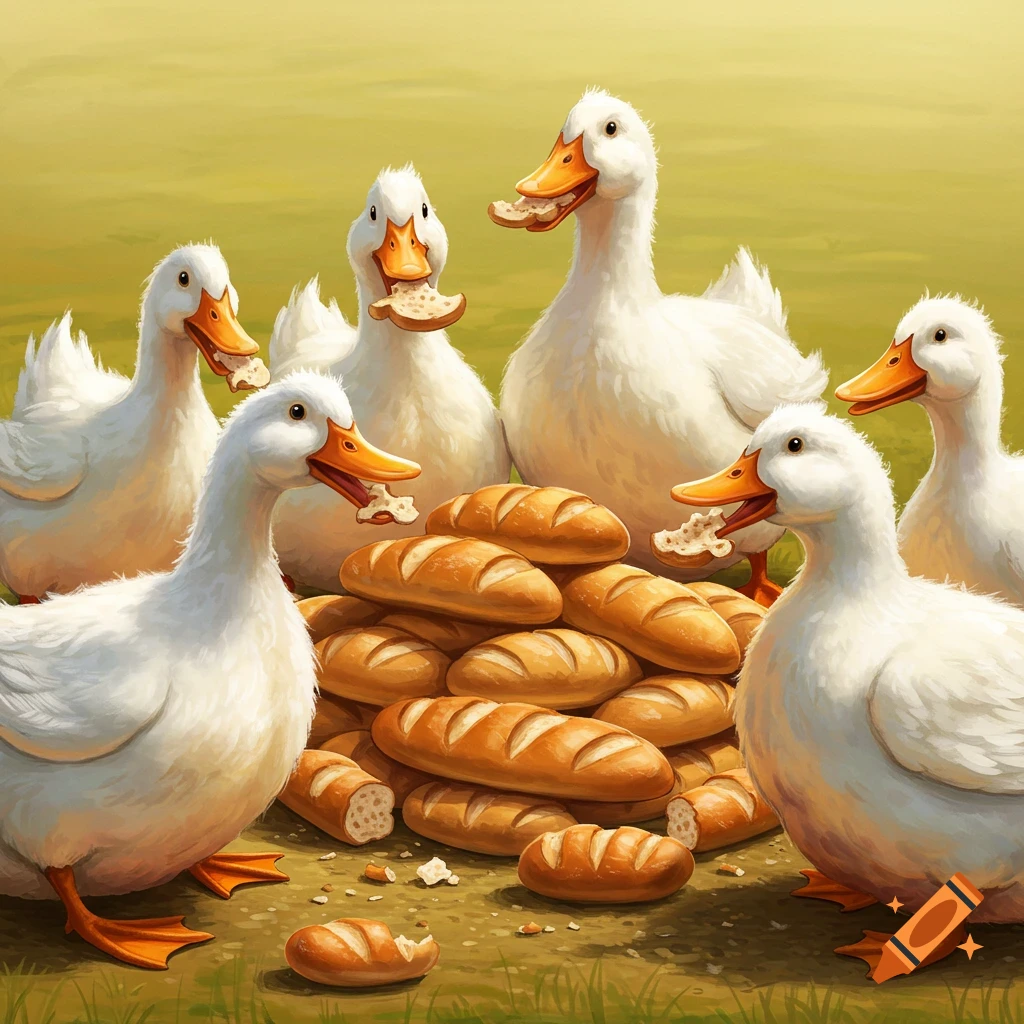 Fat ducks eating bread on Craiyon