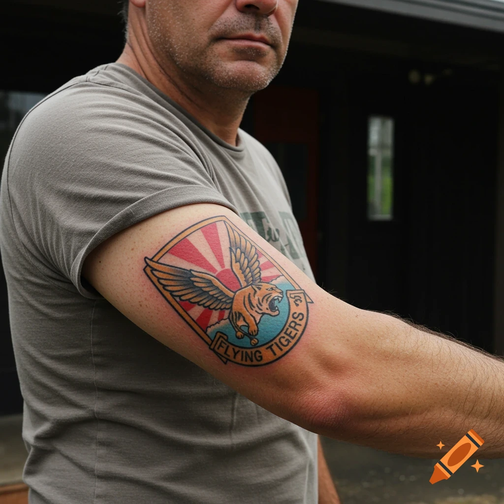 A realistic photo of a man showing a colorful Flying Tigers tattoo on ...