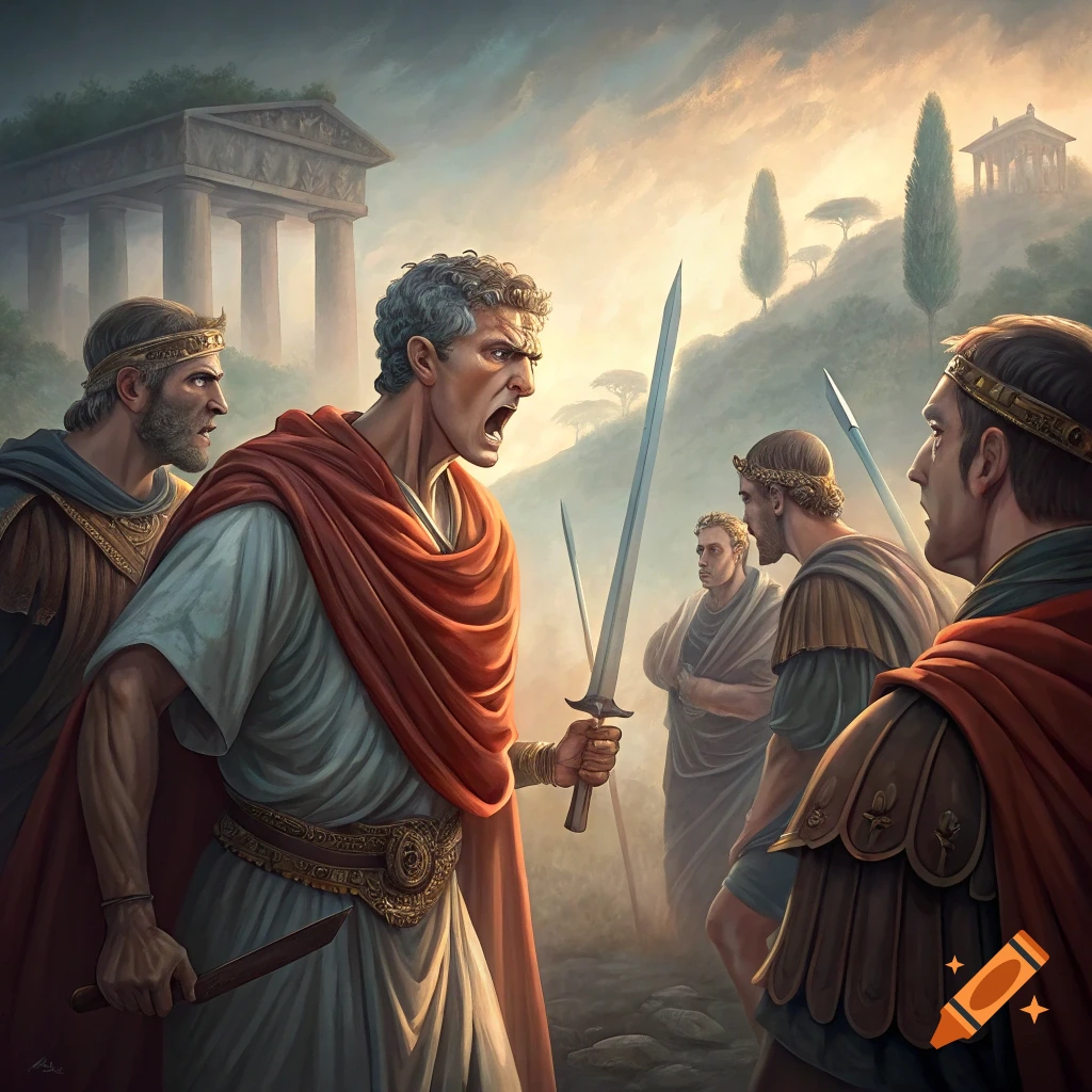 Brutus betraying Caesar, Studio Ghibli style on Craiyon