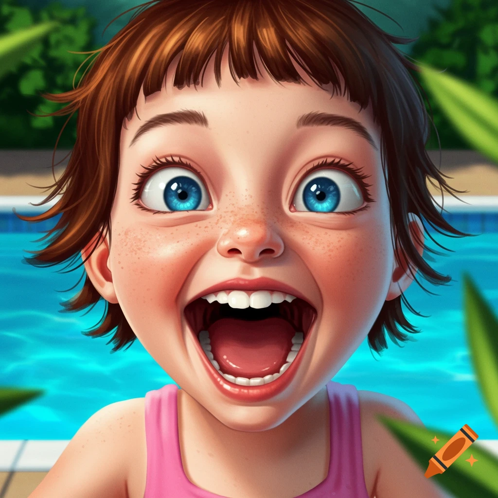 Girl with freckles posing by a pool on Craiyon