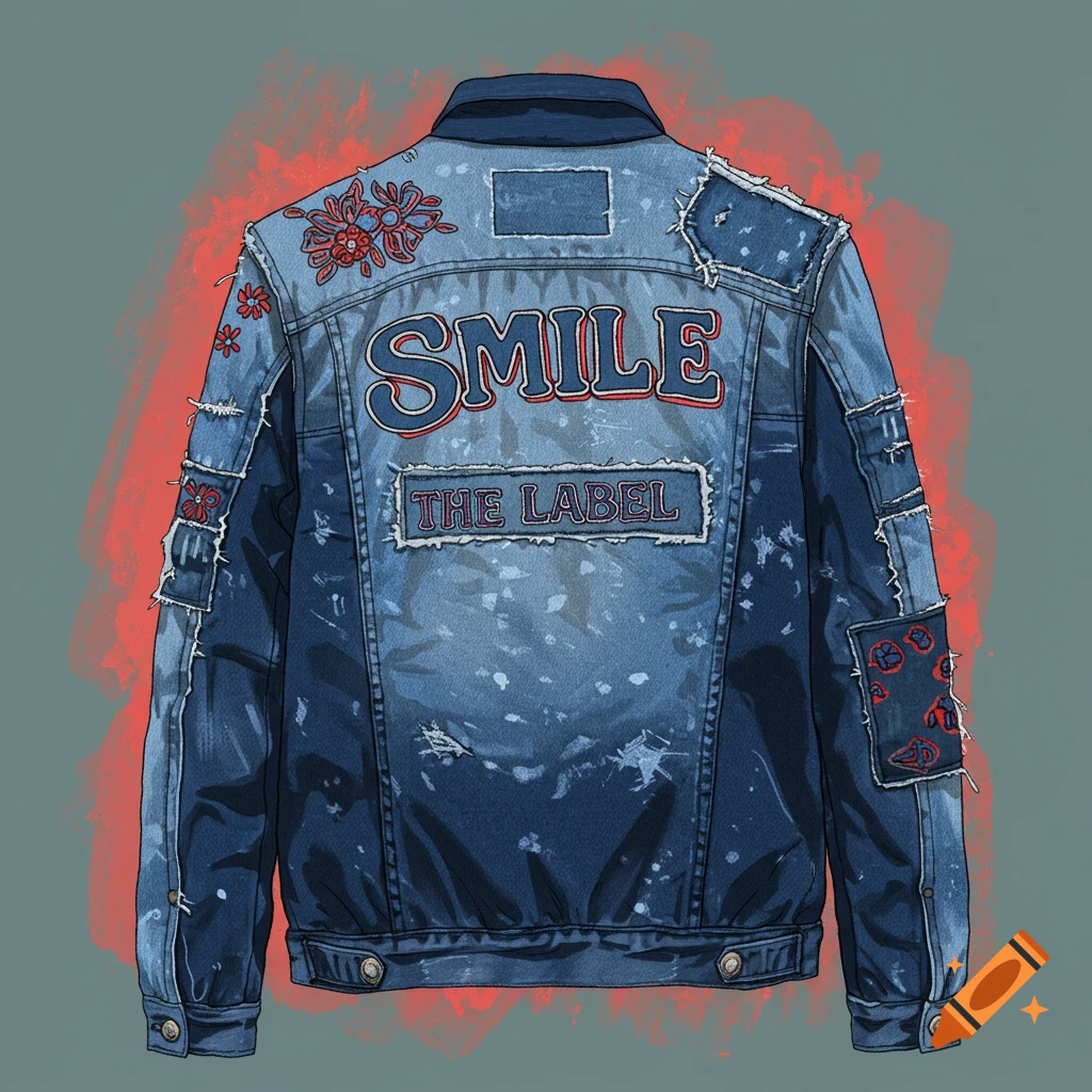 Stylized illustration of the back of a denim jacket with patches and ...