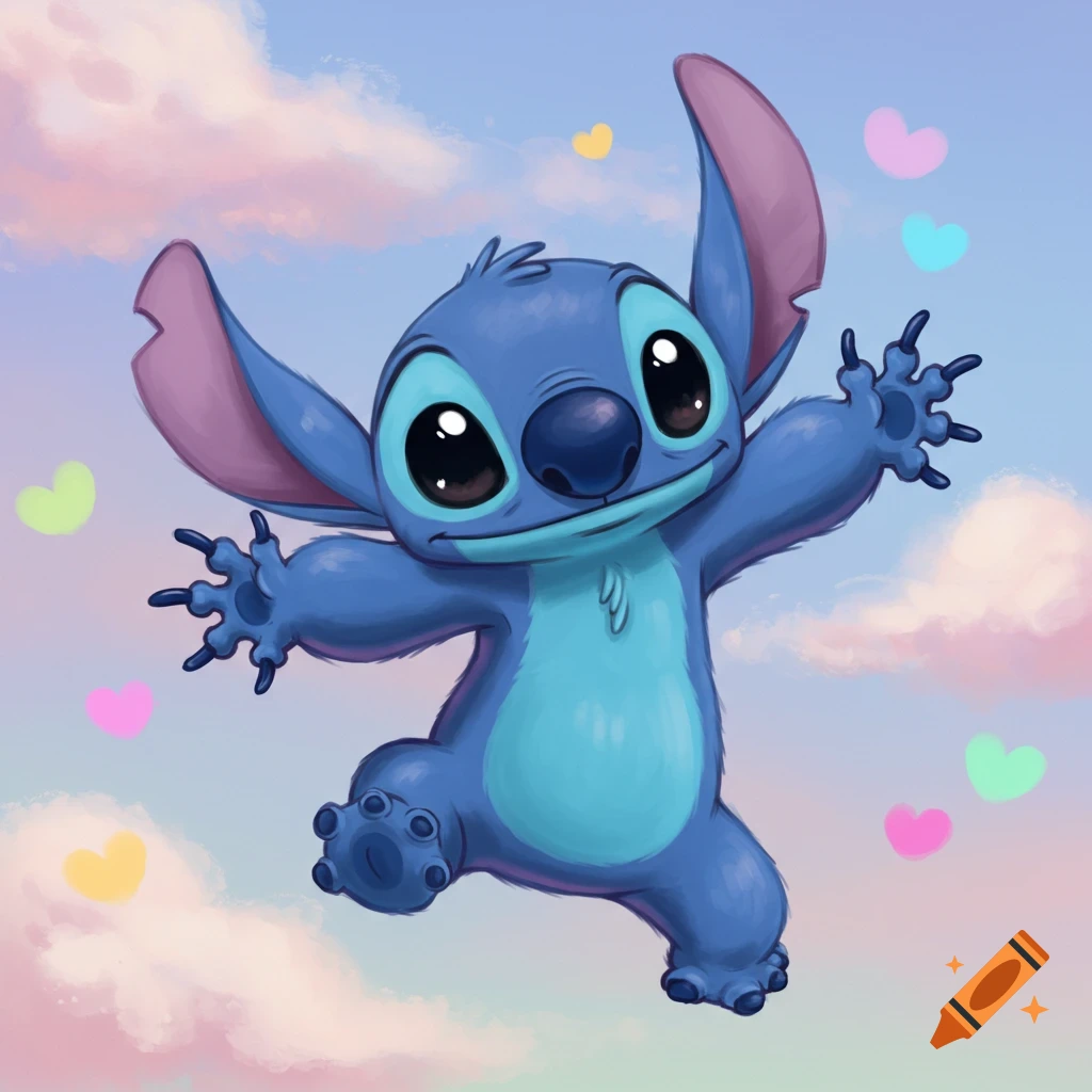 Illustration of Stitch jumping in a pastel sky with hearts on Craiyon
