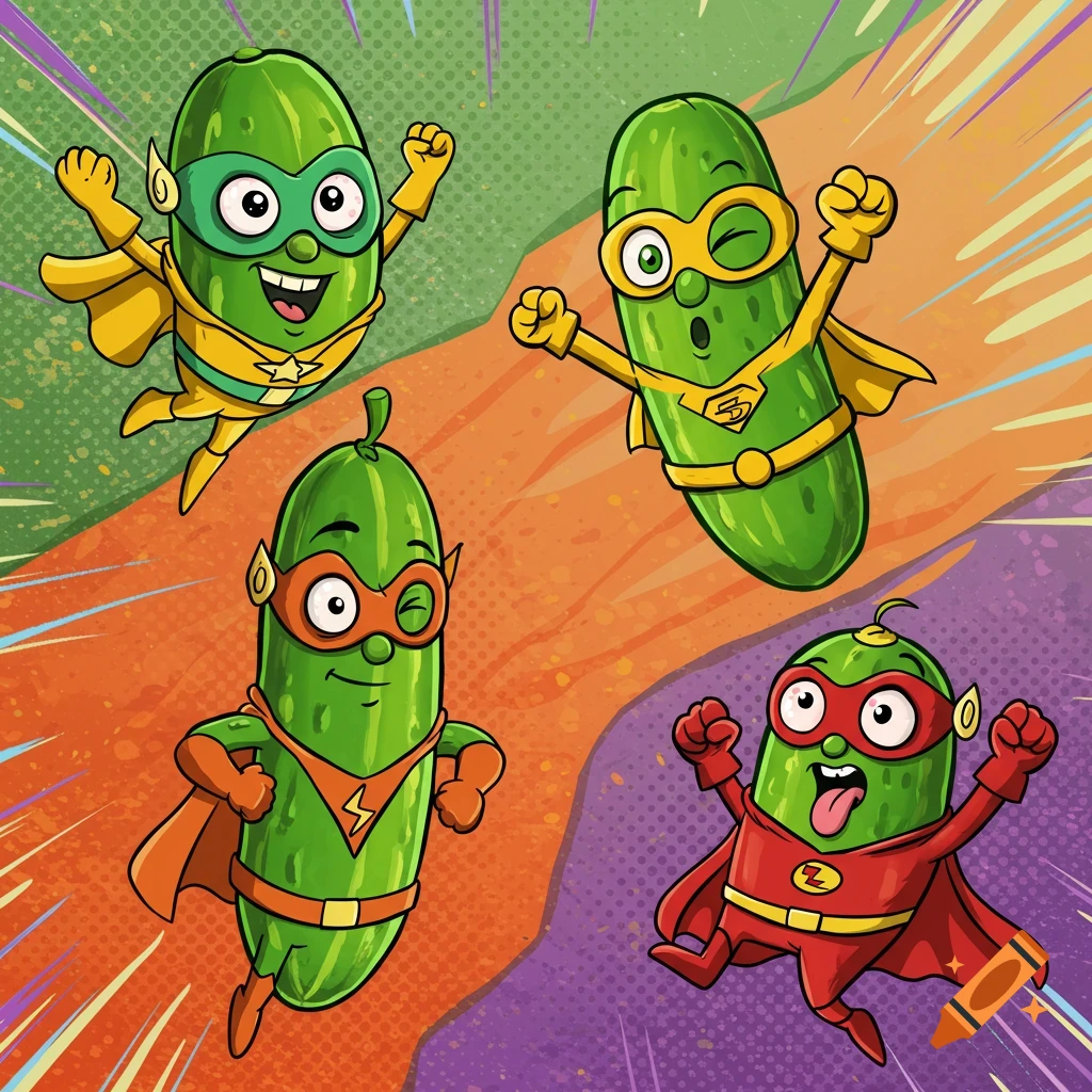 Cartoon of superhero pickles making silly faces on Craiyon