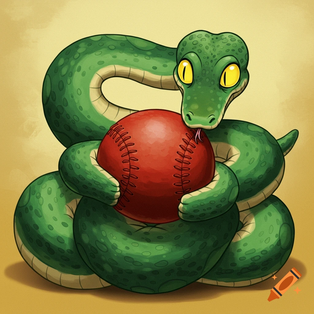 Cartoon green python snake coiled around a red baseball. on Craiyon