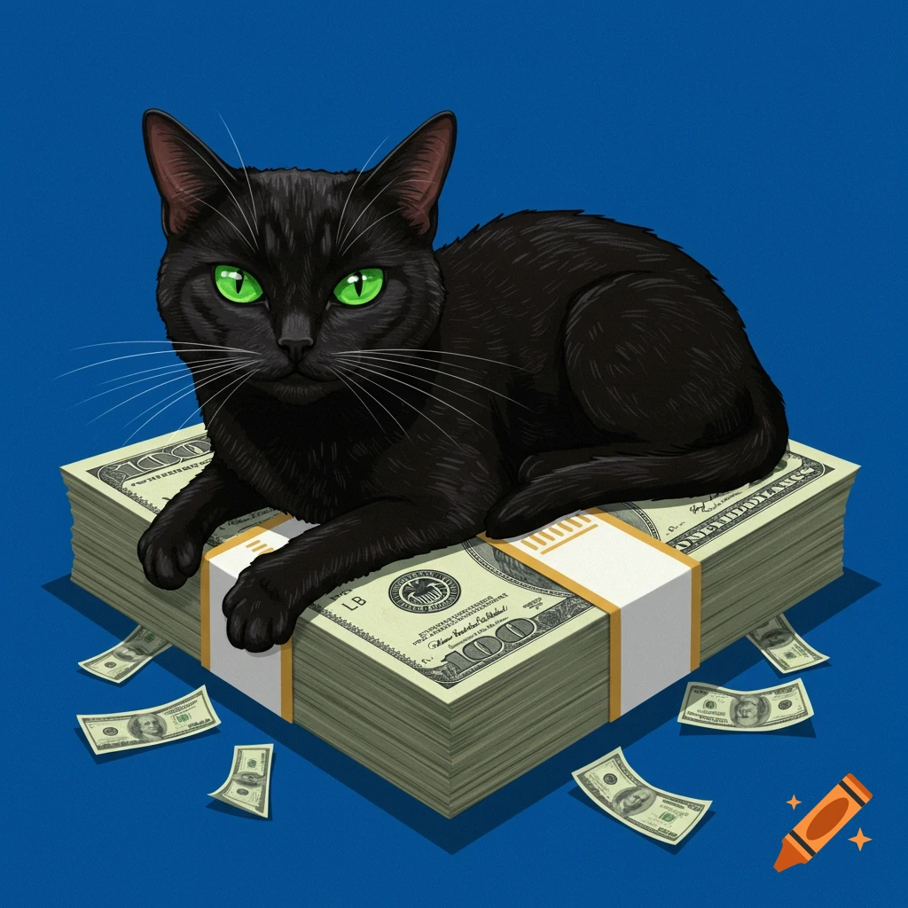 An illustration of a black cat with green eyes sitting on a large stack ...