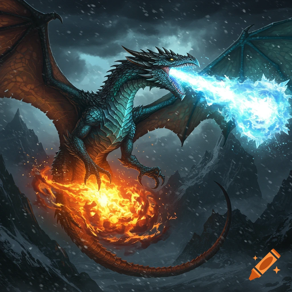 Flying Wyvern monster unleashing frost fire breath on Craiyon