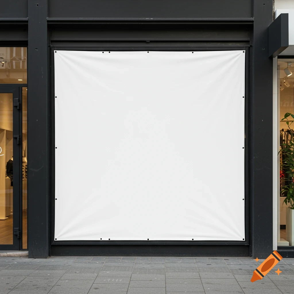 A blank white banner hangs on a storefront facade. Photorealistic style ...