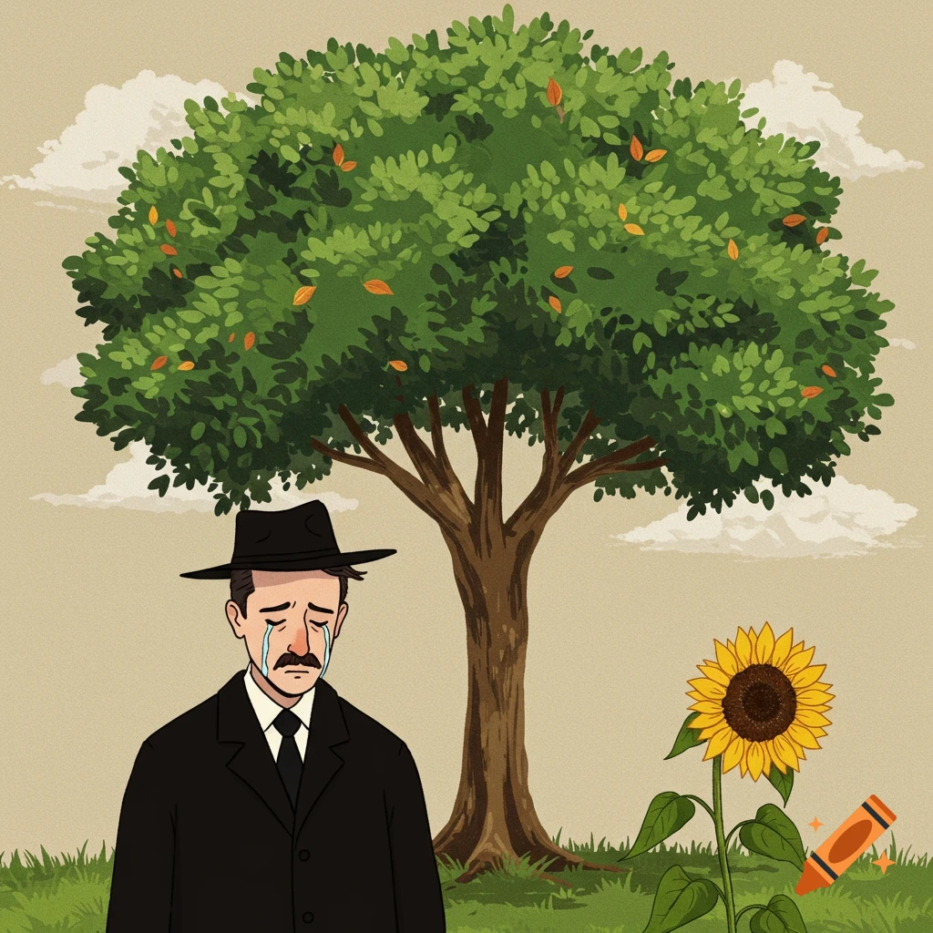 Cartoon meme of a man with wilting sunflower on Craiyon