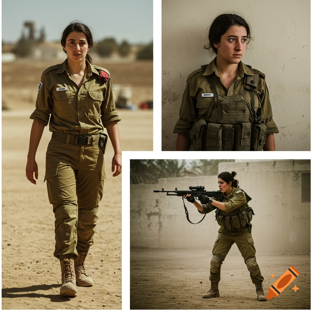 Israeli female soldier in IDF uniform on training ground on Craiyon