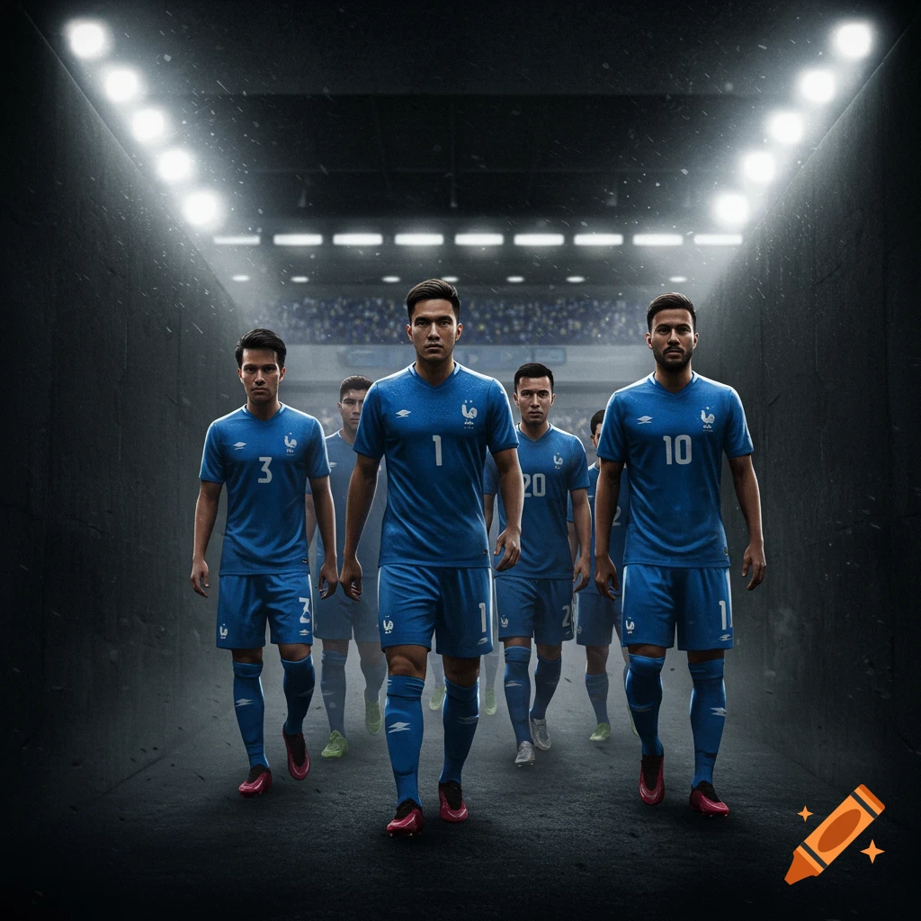 Soccer players walk through a tunnel onto the field. on Craiyon