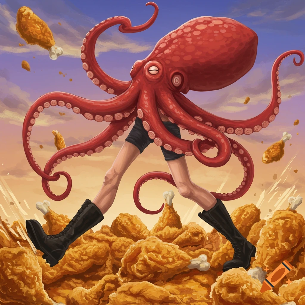Octopus with four arms and booted legs swimming in fried chicken on Craiyon