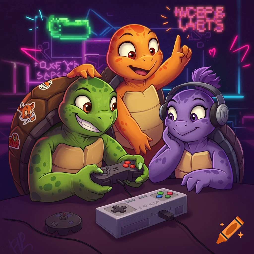 Cartoon turtles playing video games on Craiyon