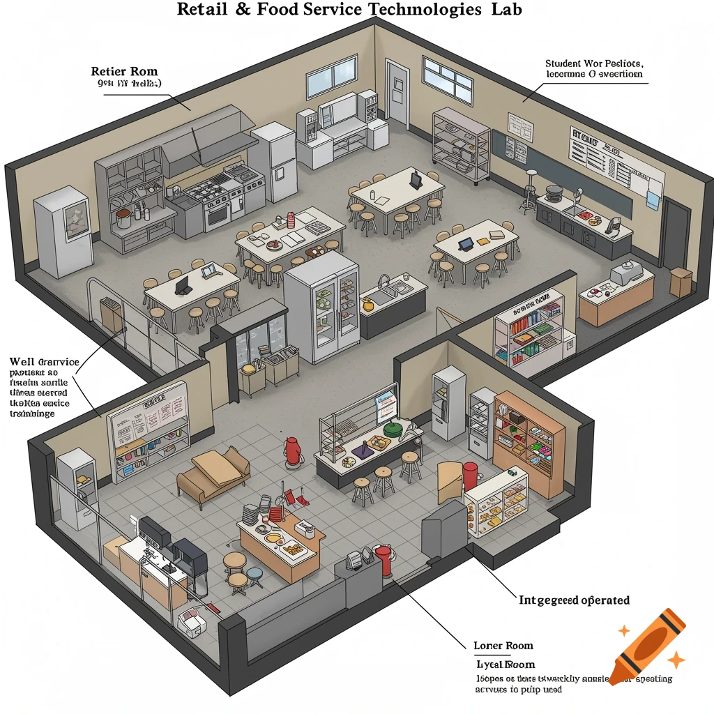 Diagram of a Retail and Food Service Technologies Lab on Craiyon