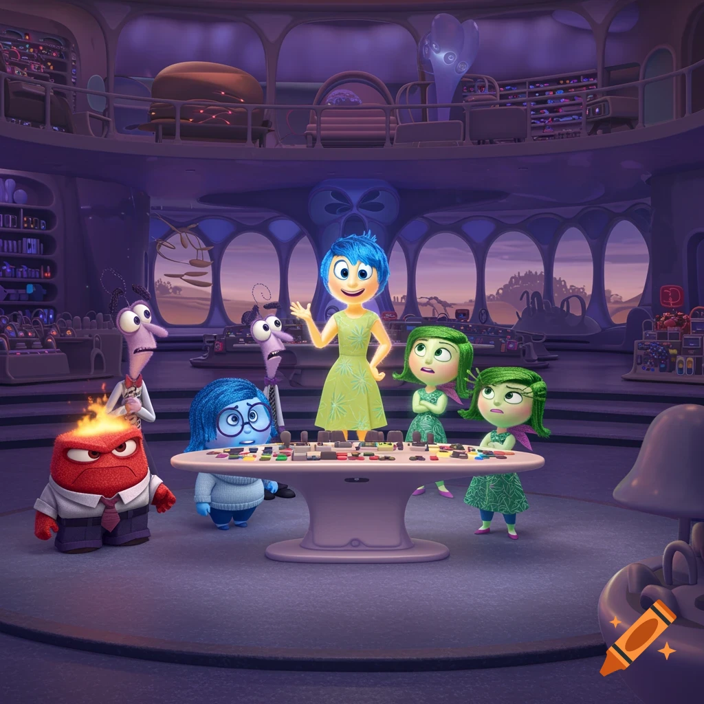 Fear, Sadness, Joy, Disgust, and Anger from Inside Out stand together ...