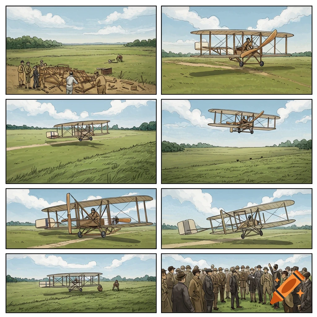 Six-panel comic showing an early biplane being built, taking flight ...