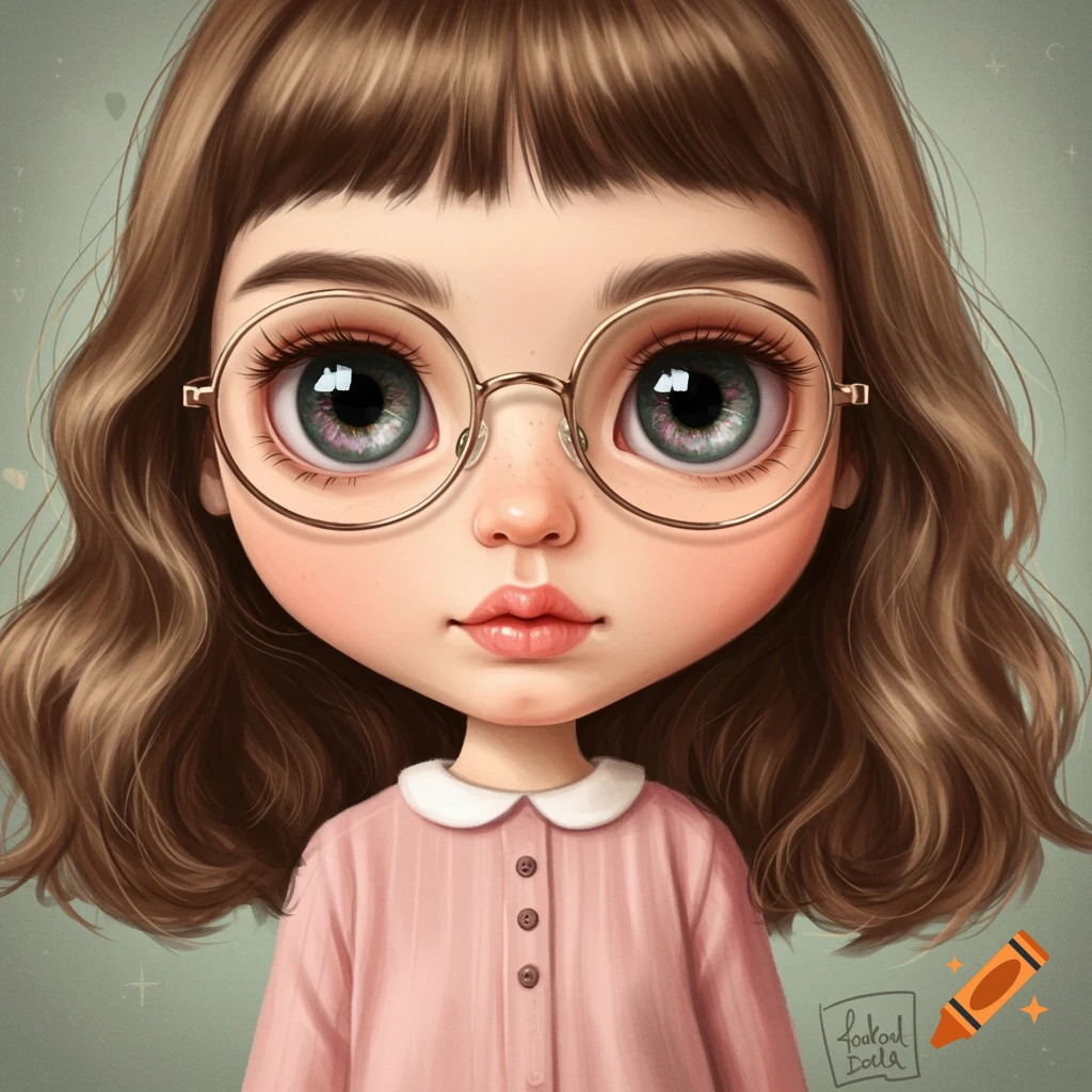 Blythe doll version with glasses and signature features on Craiyon