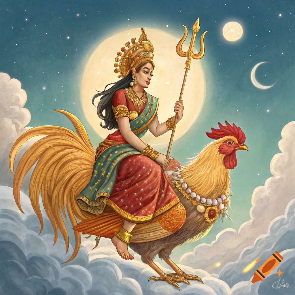 Goddess Bahuchar riding a rooster on Craiyon