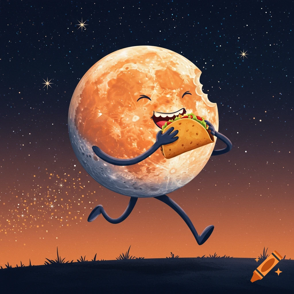 A cartoon moon with a wide-open mouth is eating a lion. on Craiyon