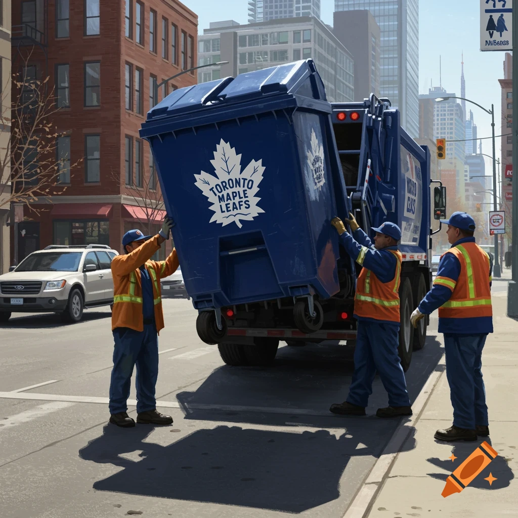 Toronto Maple Leafs logo on a garbage bin being collected on Craiyon